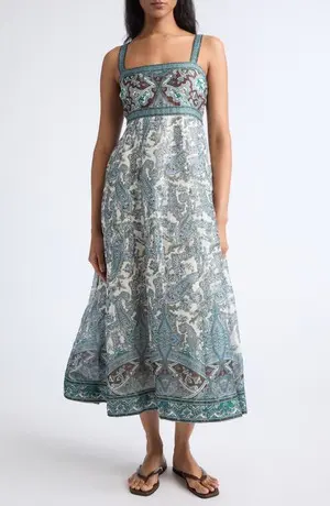 Veronica Beard Rye Print Sleeveless Linen & Silk Maxi Dress - Ecru Multi