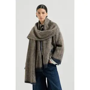 Brunello Cucinelli Mohair And Wool Prince Of Wales Double Knit Outerwear Jacket With Scarf - Brown