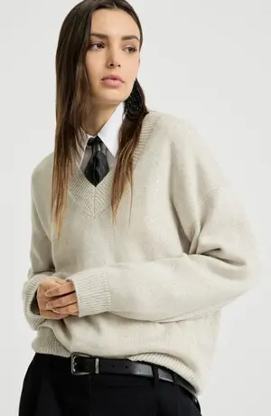 Brunello Cucinelli Cashmere And Silk Diamond Yarn V-neck Sweater