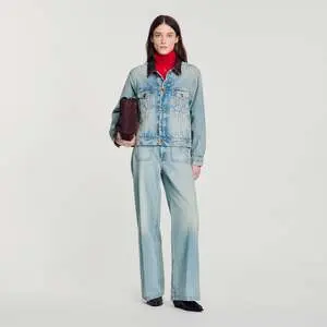 Sandro Denim Jacket With Leather Collar - Blue Jean