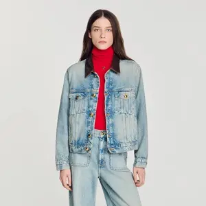 Sandro Denim Jacket With Leather Collar