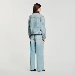Sandro Denim Jacket With Leather Collar