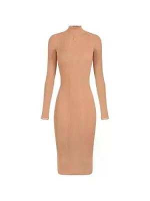 Elisabetta Franchi Ribbed Knit Turtleneck Dress With Logo Detail - Neutrals