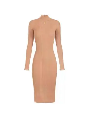 Elisabetta Franchi Ribbed Knit Turtleneck Dress With Logo Detail - Neutrals