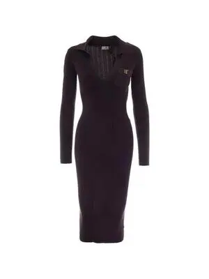 Elisabetta Franchi Logo Plaque Ribbed Knit Midi Dress - Brown