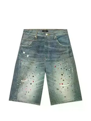 PURPLE BRAND Jewel Embellished Digital Print Wide Leg Denim Shorts - Blue