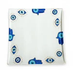 CASA DUNIYA Hand-painted Evil Eye Square Karima Serving Platter - White
