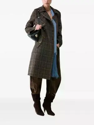 Liu Jo Long Wool Blend Plaid Trench Coat - Brown