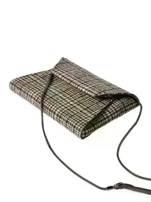 Brunello Cucinelli Duo Pochette In Alpaca And Wool Check With Chain - Neutrals