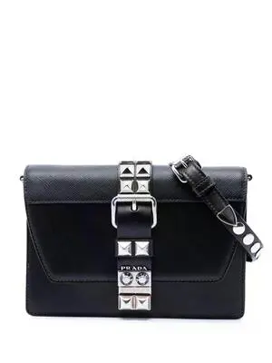 Prada 2010-2026 City Calfskin And Saffiano Studded Elektra Crossbody Bag - Black