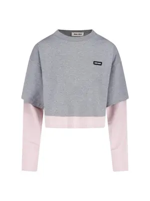 Miu Miu Cropped Cotton T-shirt - Gray