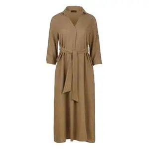 CONQUISTA Linen Style Midi Dress With Belt - Beige