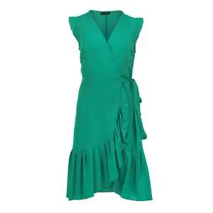 CONQUISTA Smaragdi Sleeveless Ruffled Wrap Dress In Viscose Poplin - Green
