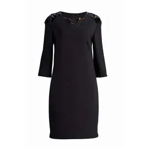 CONQUISTA Straight Dress With Faux Fur Shoulder Detail