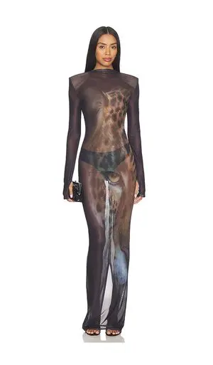 BRONX BANCO Tiger Long Sleeve Sheer Mesh Maxi Dress In Black - Black Multi