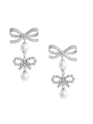 SELF-PORTRAIT Double Bow Pearl Earrings - Metallic
