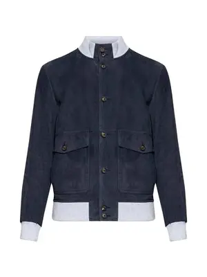 Eleventy Leather Jacket With Pocket And Buttons - Blue