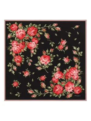Dolce & Gabbana 90x90 Cm Silk Twill Scarf With A Rose Bouquet Print - Black