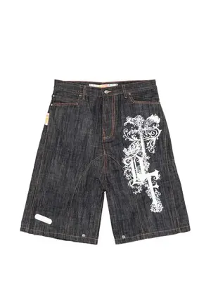 PDF Graphic Print Denim Shorts - Black