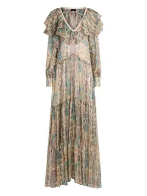 Etro Long Silk Dress With Paisley Print And Ruffled Details