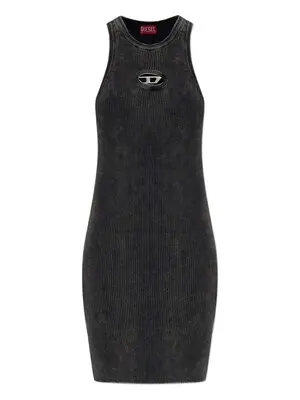 DIESEL® Sleeveless Ribbed Knit Mini Dress With Logo Plaque - Black