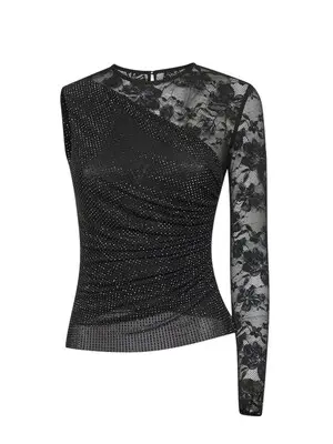 SELF-PORTRAIT One Shoulder Floral Lace Top - Black