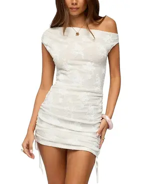EDIKTED Sheer Lace Drawstring Mini Dress - White