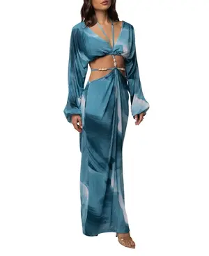 JLUXLABEL Selene Draped Printed Mesh Top - Sunset Blue