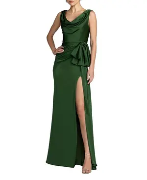 Mac Duggal Charmeuse Sleeveless Cowl Neck Gown With Bow Accent