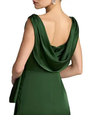 Mac Duggal Charmeuse Sleeveless Cowl Neck Gown With Bow Accent
