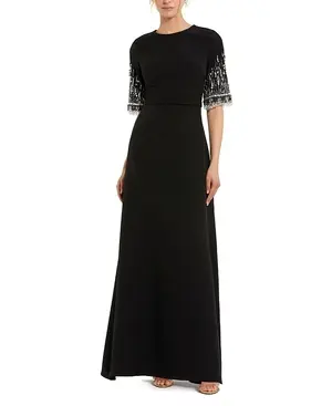 Mac Duggal Petite Crepe Gown With Beaded Sleeves