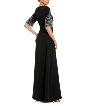 Mac Duggal Petite Crepe Gown With Beaded Sleeves