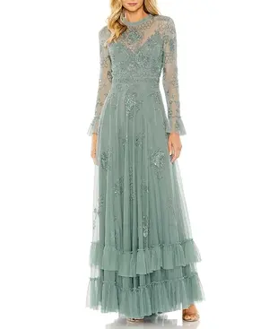 Mac Duggal Embellished Long Sleeve Ruffle Gown