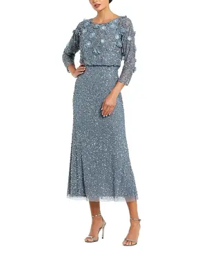 Mac Duggal Embellished Floral Detail One Shoulder Gown - Slate Blue