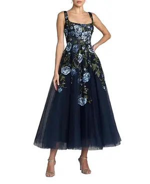 Mac Duggal Square Neck Embroidered A-line Midi Dress