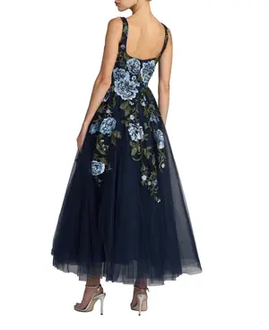 Mac Duggal Square Neck Embroidered A-line Midi Dress