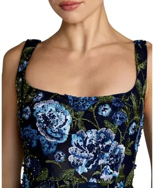 Mac Duggal Square Neck Embroidered A-line Midi Dress