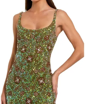 Mac Duggal Petite Beaded Mesh Sleeveless Scoop Neck Maxi Dress - Olive