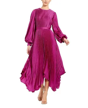 Mac Duggal Long Sleeve Pleated Charmeuse Handkerchief Dress - Fuchsia