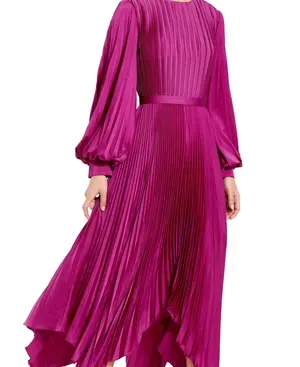 Mac Duggal Long Sleeve Pleated Charmeuse Handkerchief Dress - Fuchsia