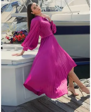 Mac Duggal Long Sleeve Pleated Charmeuse Handkerchief Dress - Fuchsia