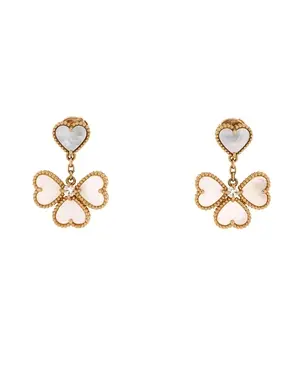 VAN CLEEF & ARPELS Sweet Alhambra Effeuillage Heart Earrings 18k With Mother Of Pearl And Diamonds - Gold