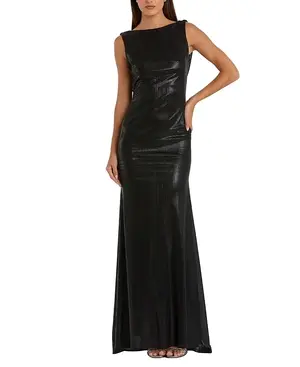 Mac Duggal Metallic Jersey Cowl Back Column Gown Black