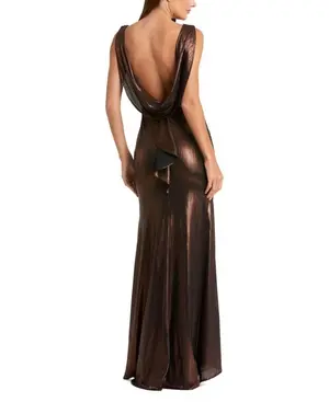 Mac Duggal Metallic Jersey Cowl Back Column Gown - Espresso