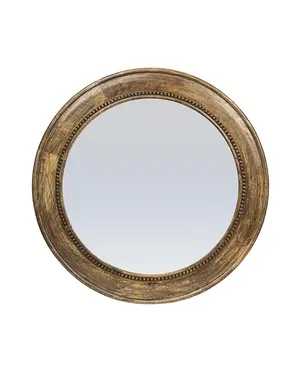 ROWENA INTERIORS Round Carved Wood Framed Wall Mirror With Hobnail Detail - Brown