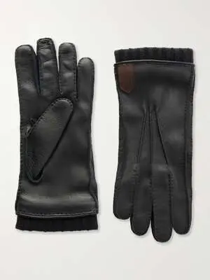 Canali Ribbed Cashmere-trimmed Leather Gloves - Black