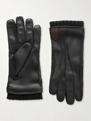 Canali Ribbed Cashmere-trimmed Leather Gloves - Black