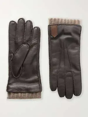 Canali Ribbed Cashmere-trimmed Leather Gloves - Brown