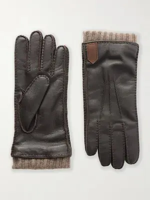 Canali Ribbed Cashmere-trimmed Leather Gloves - Brown