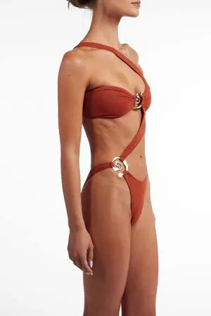 SAME LOS ANGELES Spiral One-shoulder One-piece Swimsuit - Rust Shimmer